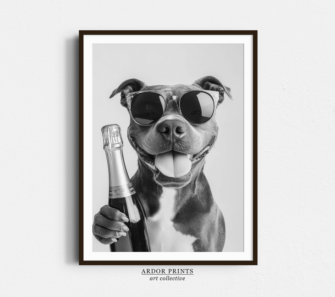 Staffy Holding Champagne Bottle Wall Art, Black and White Print ...