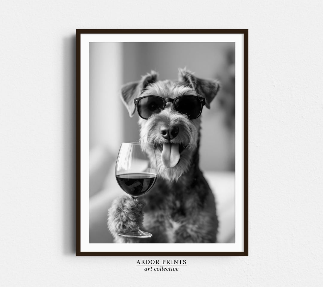 Airedale Terrier and Wine Wall Art, Black and White Print, Airedale Bar ...
