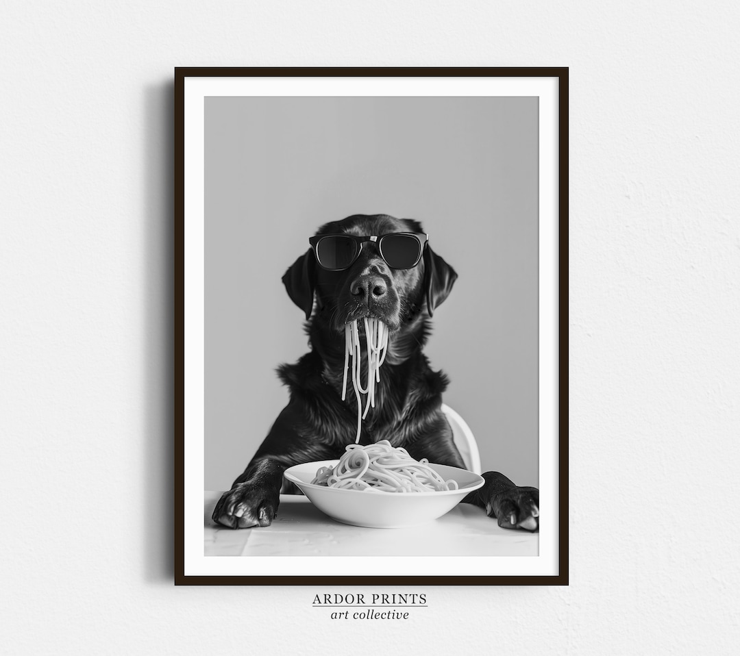 Labrador Eating Pasta Wall Art, Black Lab Spaghetti Print, Black and ...