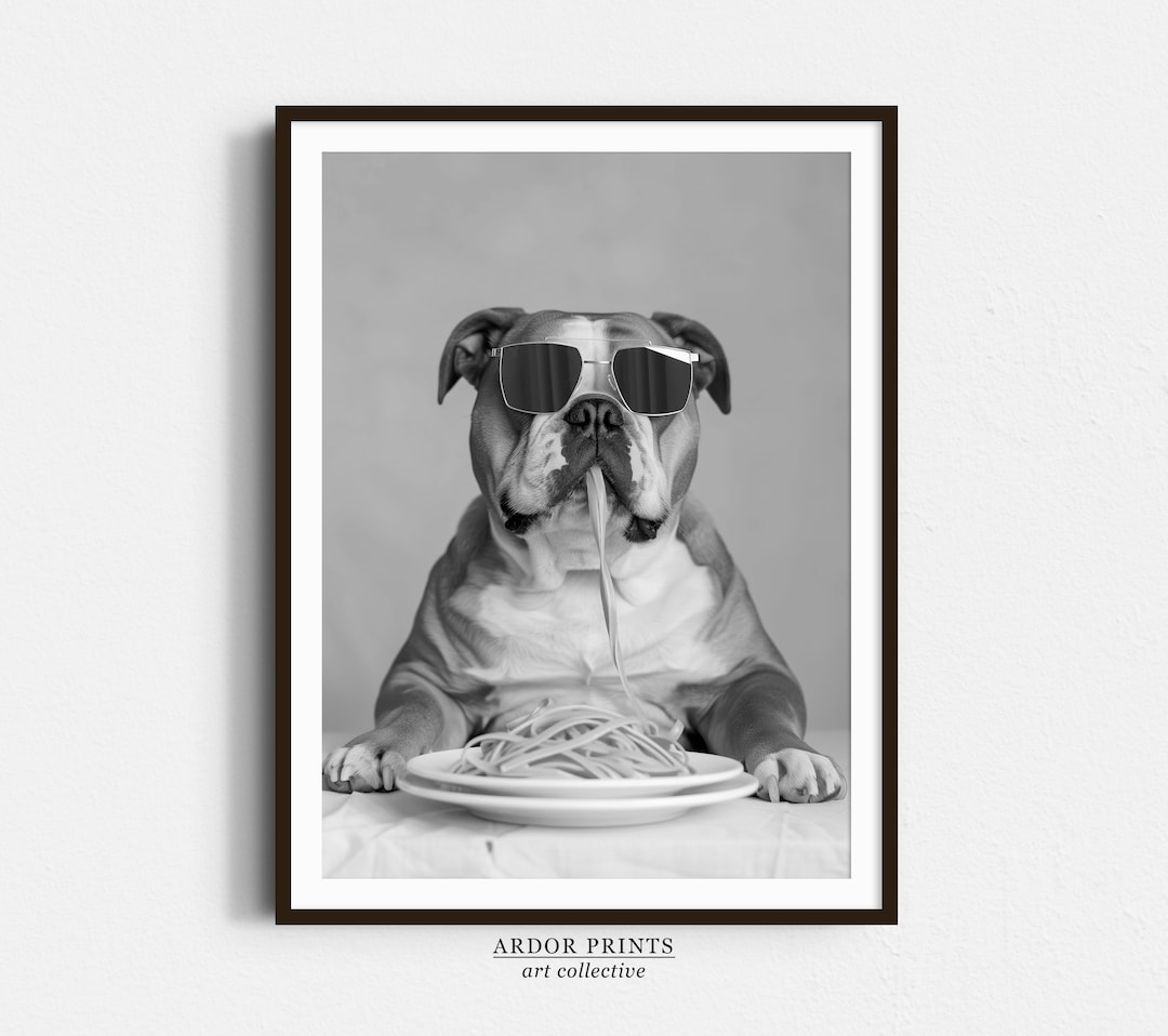 English Bulldog Eating Pasta Print: Spaghetti Dog Print, Funny Dog ...