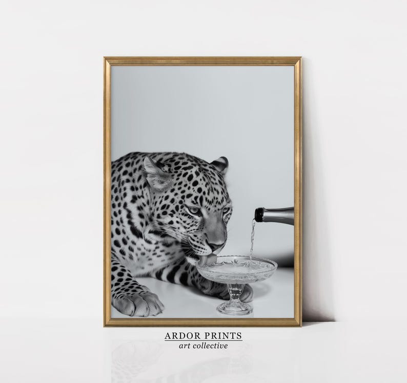 Leopard Drinking Champagne Print: Bar Cart Decor, Luxury Animal Wall ...