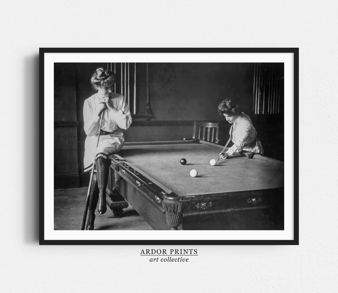 Two Young Women Playing Billiards, Vintage Pool Table Room Wall Art ...