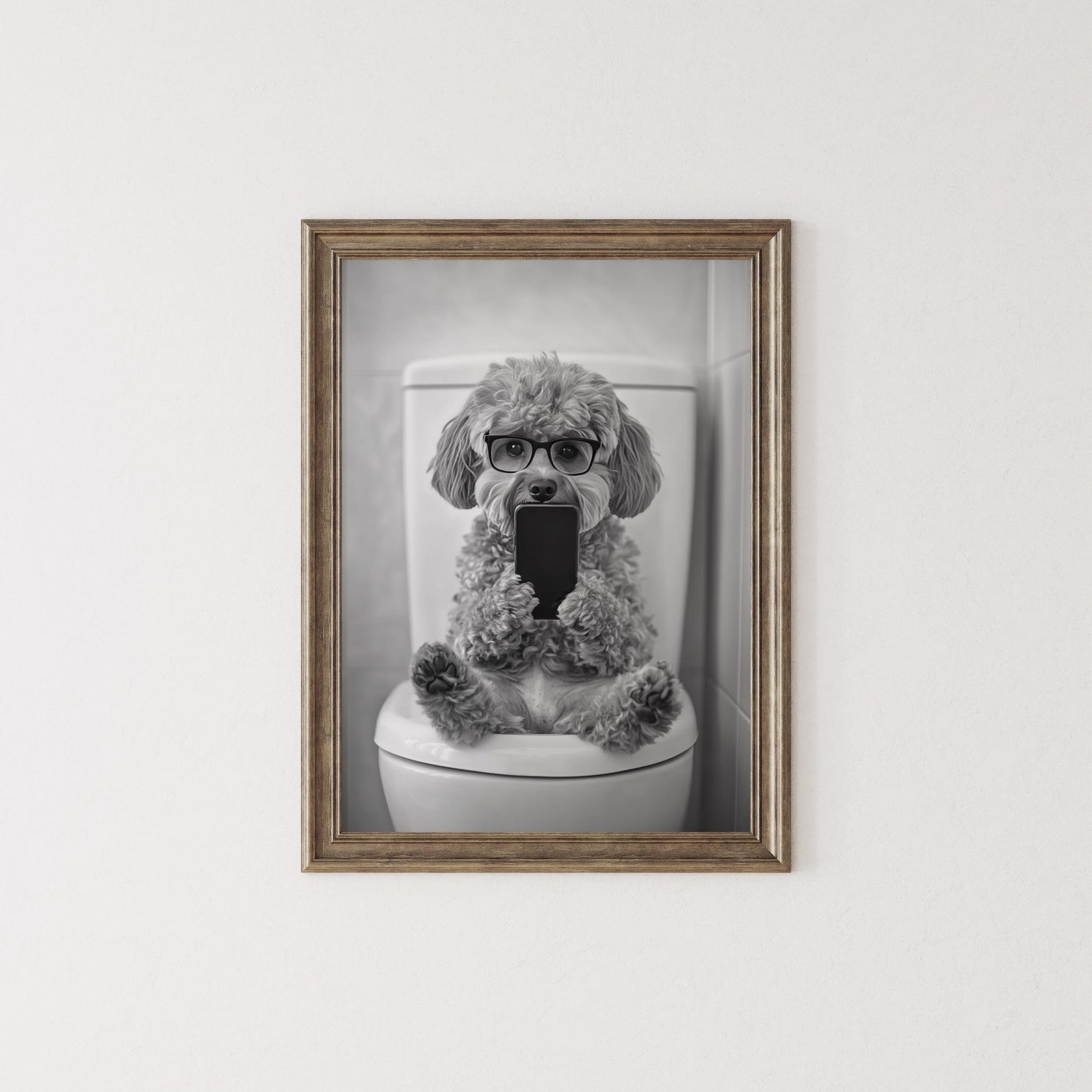 Funny Cockapoo on Toilet Print: Dog With Phone, Bathroom Decor - Black ...