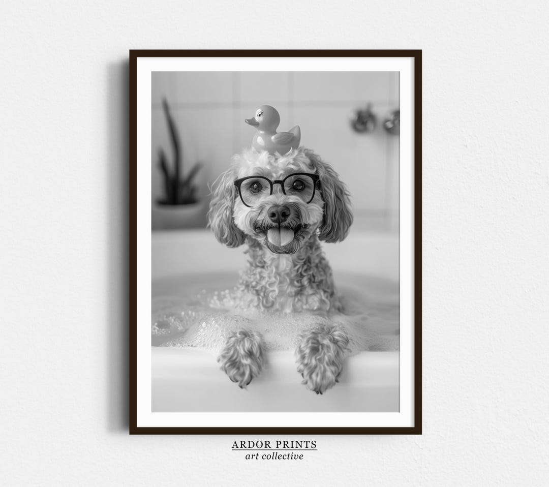 Cavapoo Bath Wall Art, Dog and Rubber Duck Bathtub, Black and White ...