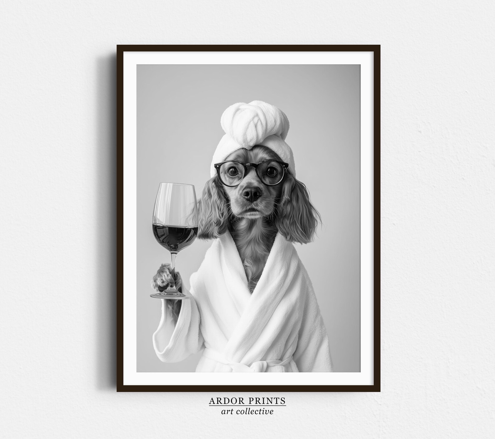 Cocker Spaniel Wine Print: Funny Dog in Bathrobe, Black and White ...