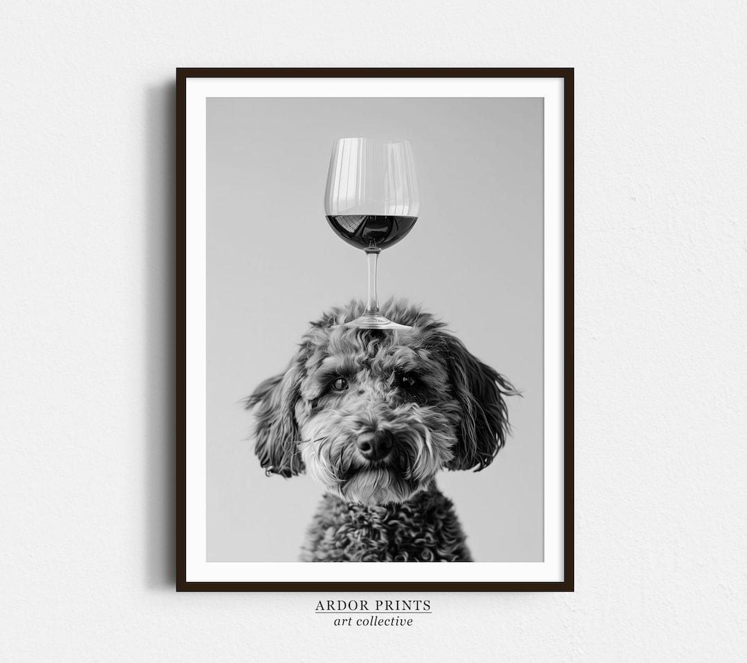Schnoodle Balancing Wine on Head Wall Art, Black and White Print, Wine ...