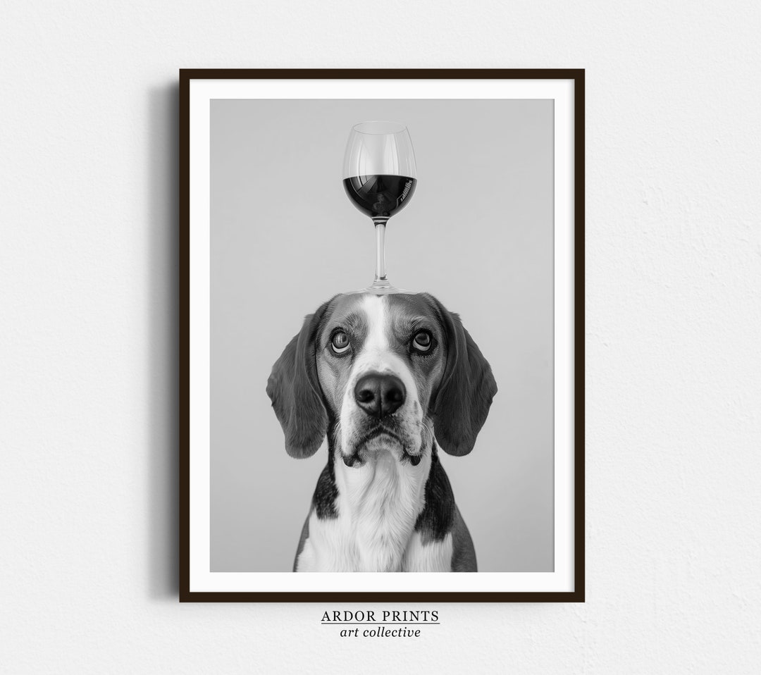 Beagle Balancing Wine on Head Wall Art, Black and White Print, Wine Glass Art, Alcohol Print ...