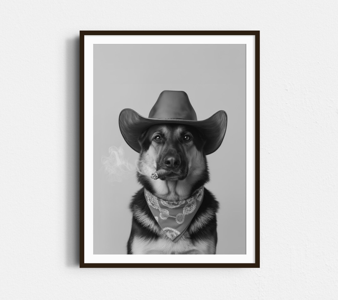 German Shepherd Cowboy Wall Art – Funny Smoking Dog Print, Western Pet ...