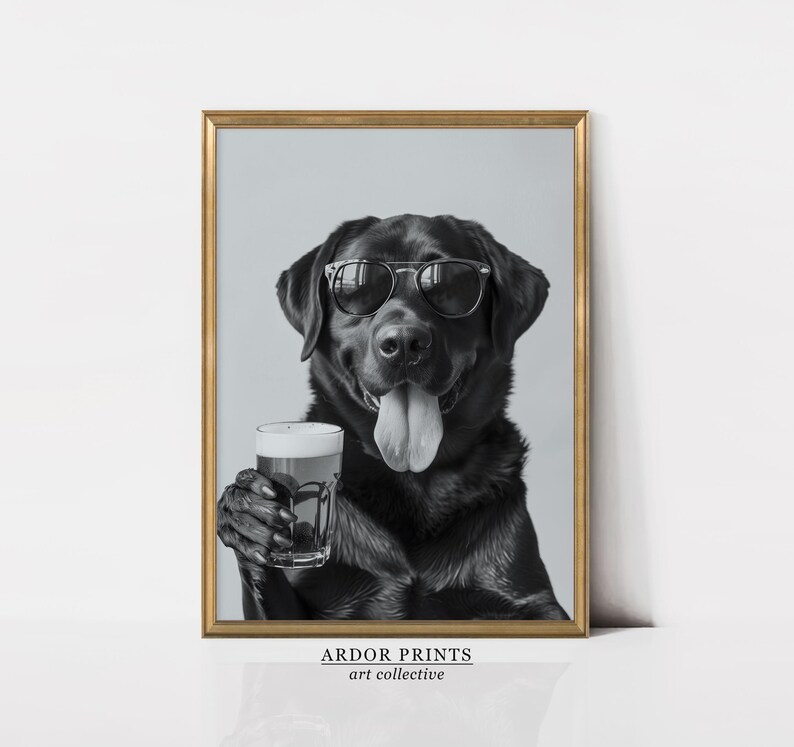 Black Lab Drinking Beer Pint: Funny Labrador Dog Print, Bar Cart Dog ...