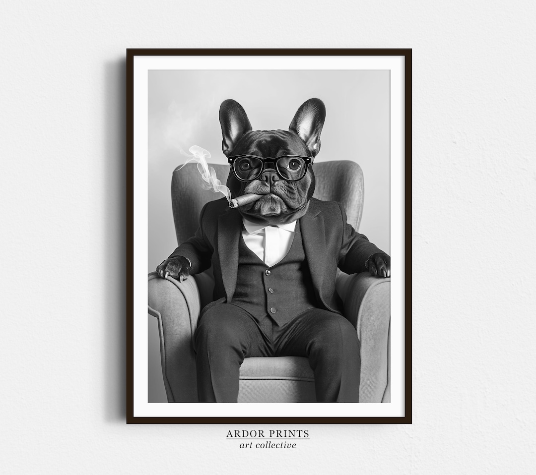 French Bulldog Smoking Wall Art, Black and White Print, Black Frenchie ...