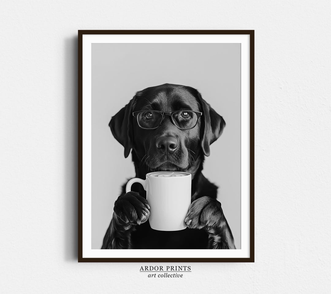 Black Labrador Drinking Coffee Wall Art: Coffee Lover Print, Black Lab ...