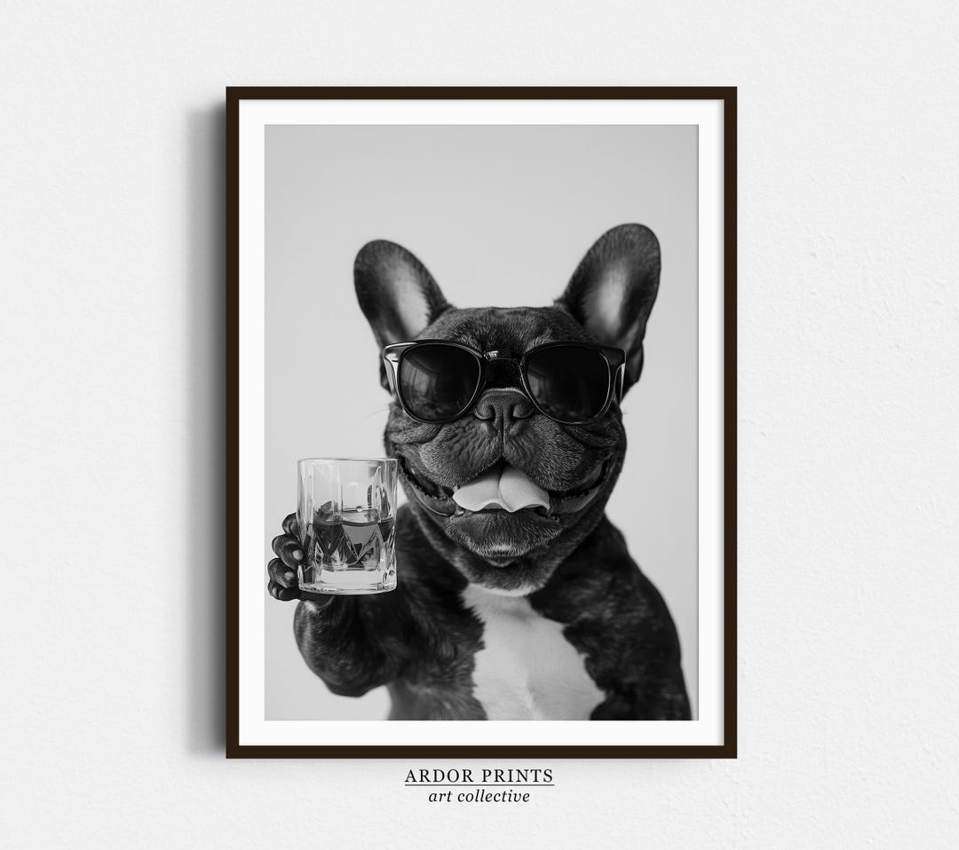 French Bulldog Whiskey Art Print: Black and White Frenchie Poster ...