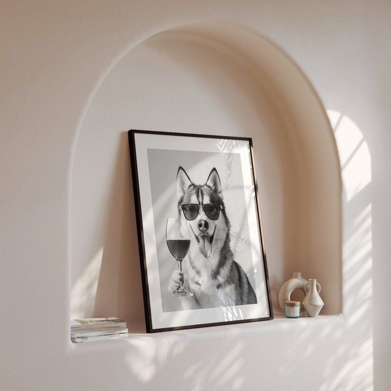 Siberian Husky Holding Wine Wall Art, Black and White Print, Husky Gift ...