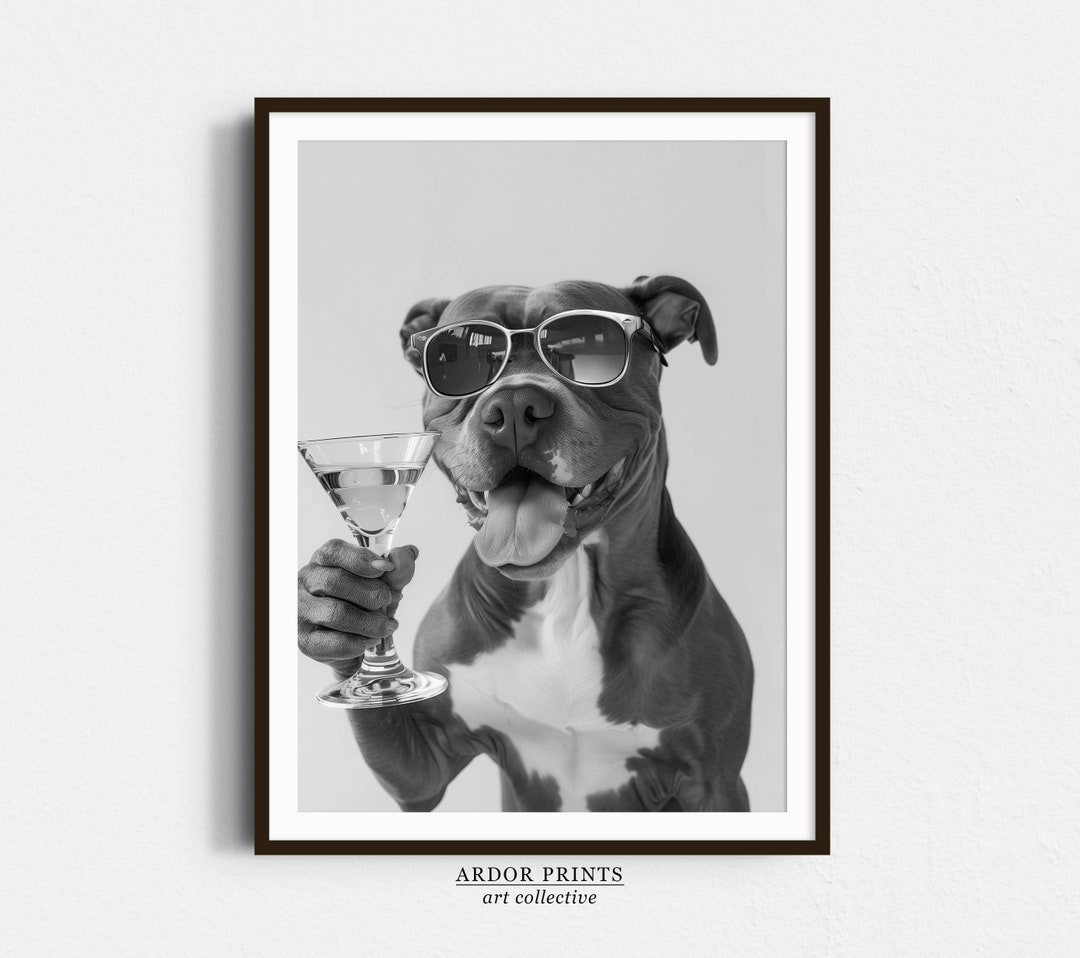 Pitbull Holding A Cocktail Wall Art, Black and White Print, Pitbull ...