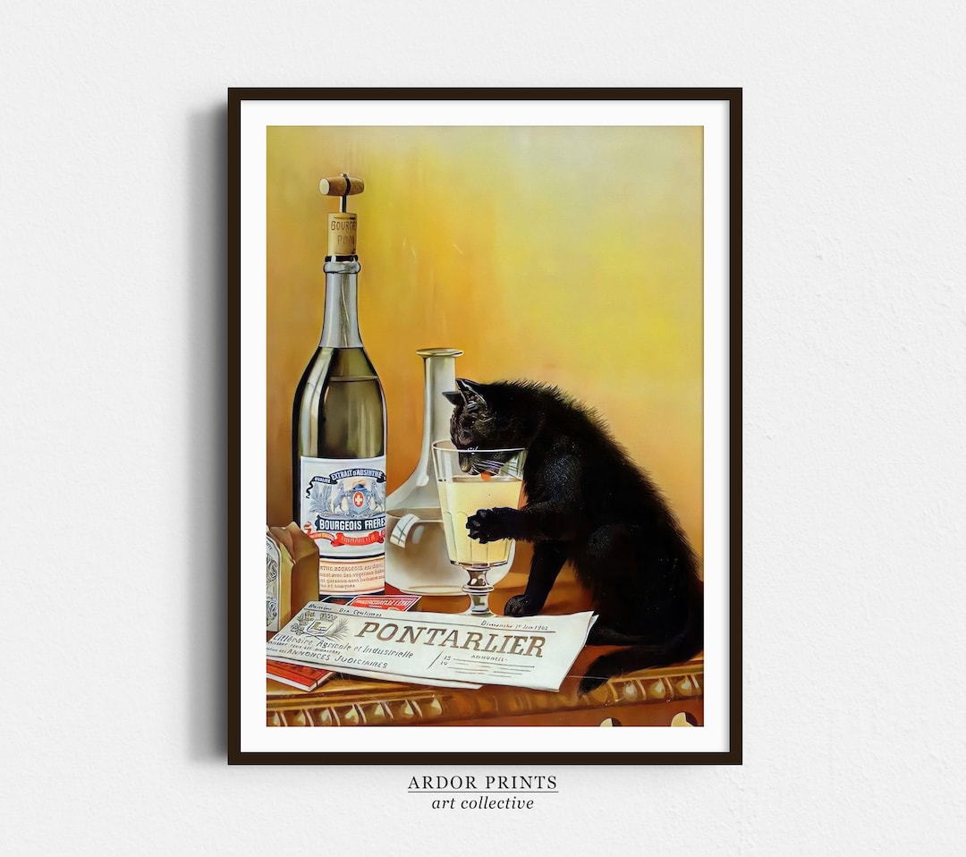 Black Cat Drinking Absinthe Print: Retro Bar Cart Poster, Absinthe ...