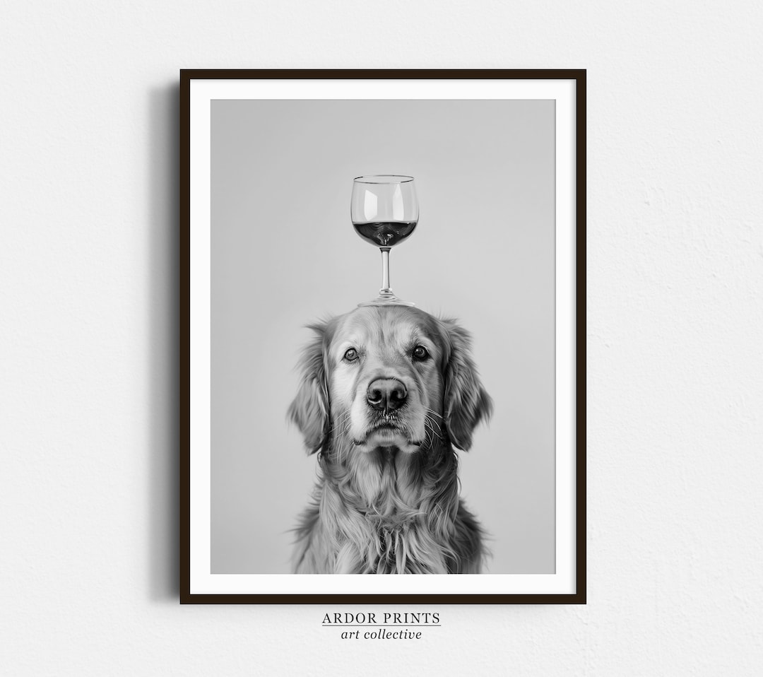 Golden Retriever Balancing Wine on Head Wall Art, Black and White Print ...