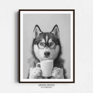 Siberian Husky Drinking Coffee Wall Art, Black and White Print, Coffee ...