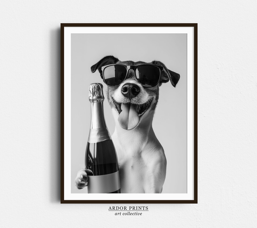 Jack Russel Drinking Champagne Wall Art, Black and White Print, Dog ...