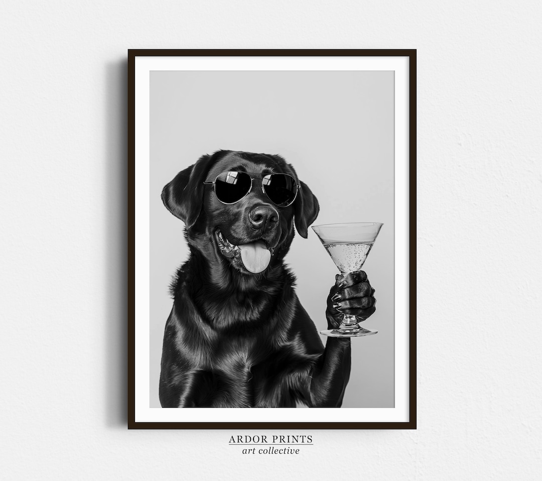 Labrador Holding A Cocktail Wall Art, Black and White Print, Black Lab ...