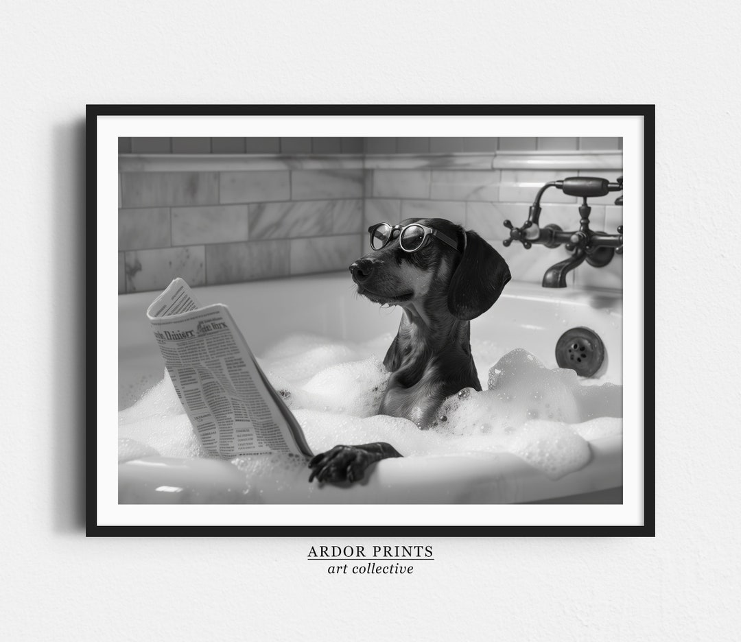 Dachshund Bathtub Wall Art: Funny Wiener Dog in Tub Print, Doxie ...