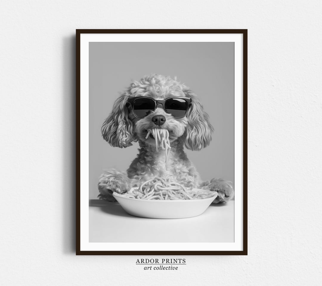 Cockapoo Eating Pasta Wall Art, Cockapoo Spaghetti Print, Black and ...