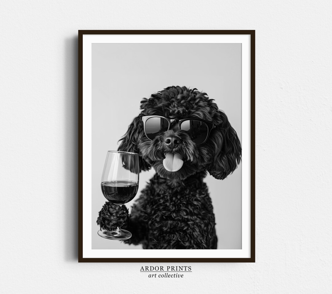 Black Cockapoo Drinking Wine Print: Bar Cart Print, Funny Dog Poster ...