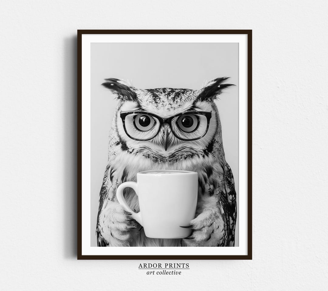 Owl Drinking Coffee Print: Coffee Bar Decor, Funny Poster, Trendy ...