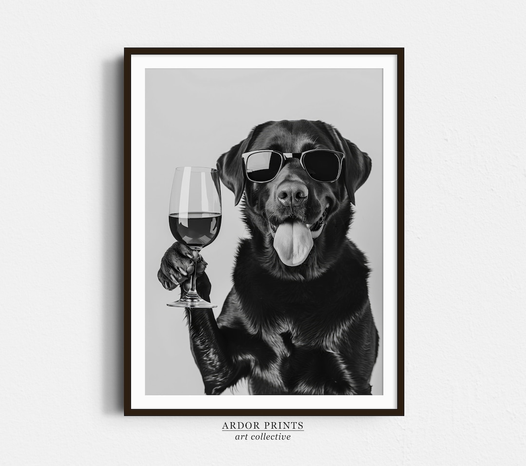 Labrador Drinking Wine Wall Art, Black and White Print, Black Lab, Bar ...