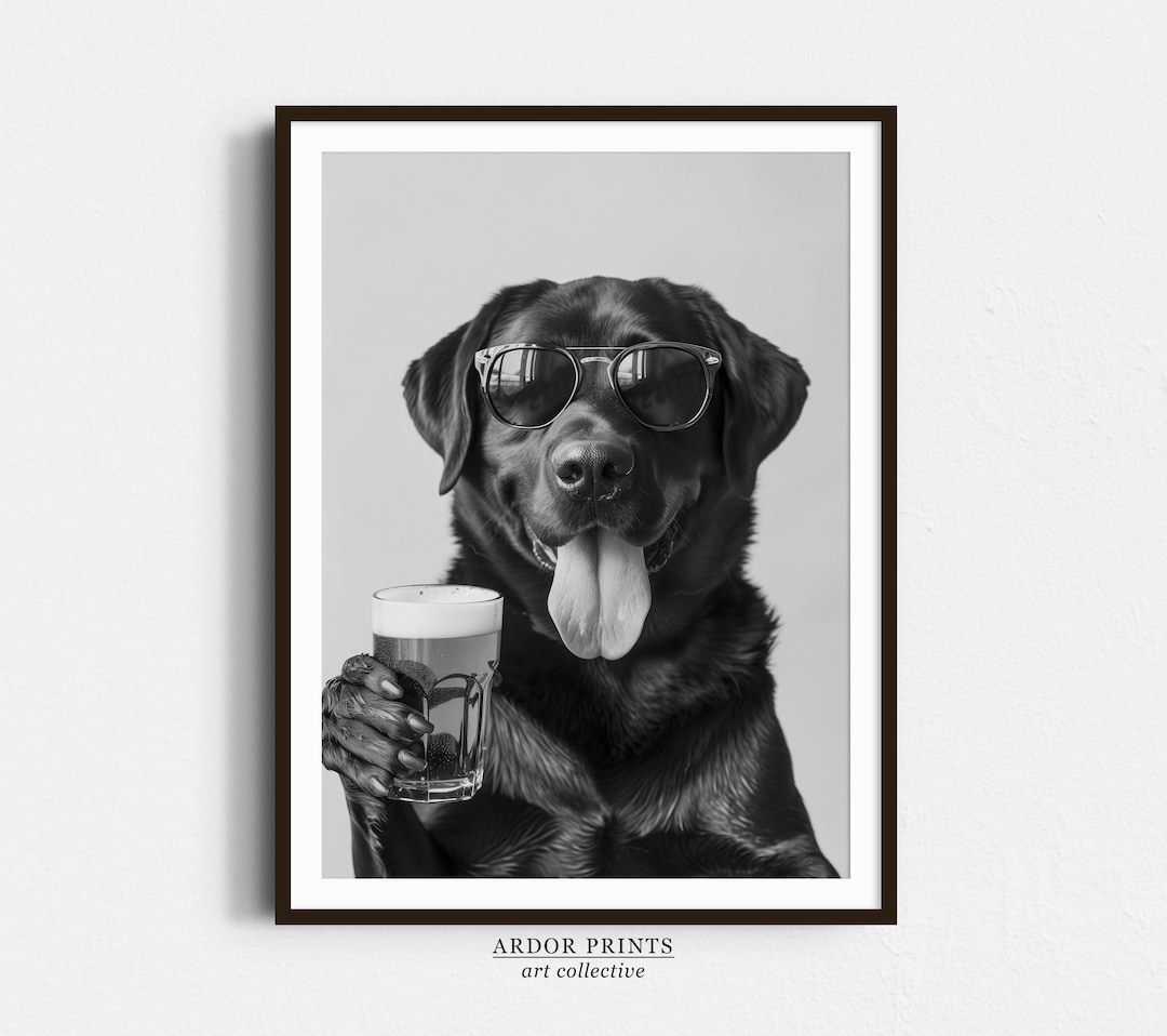 Labrador Holding Beer Wall Art, Black and White Print, Dog Gift, Beer ...