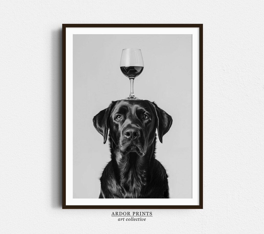 Black Labrador Balancing Wine on Head Wall Art, Black and White Print ...