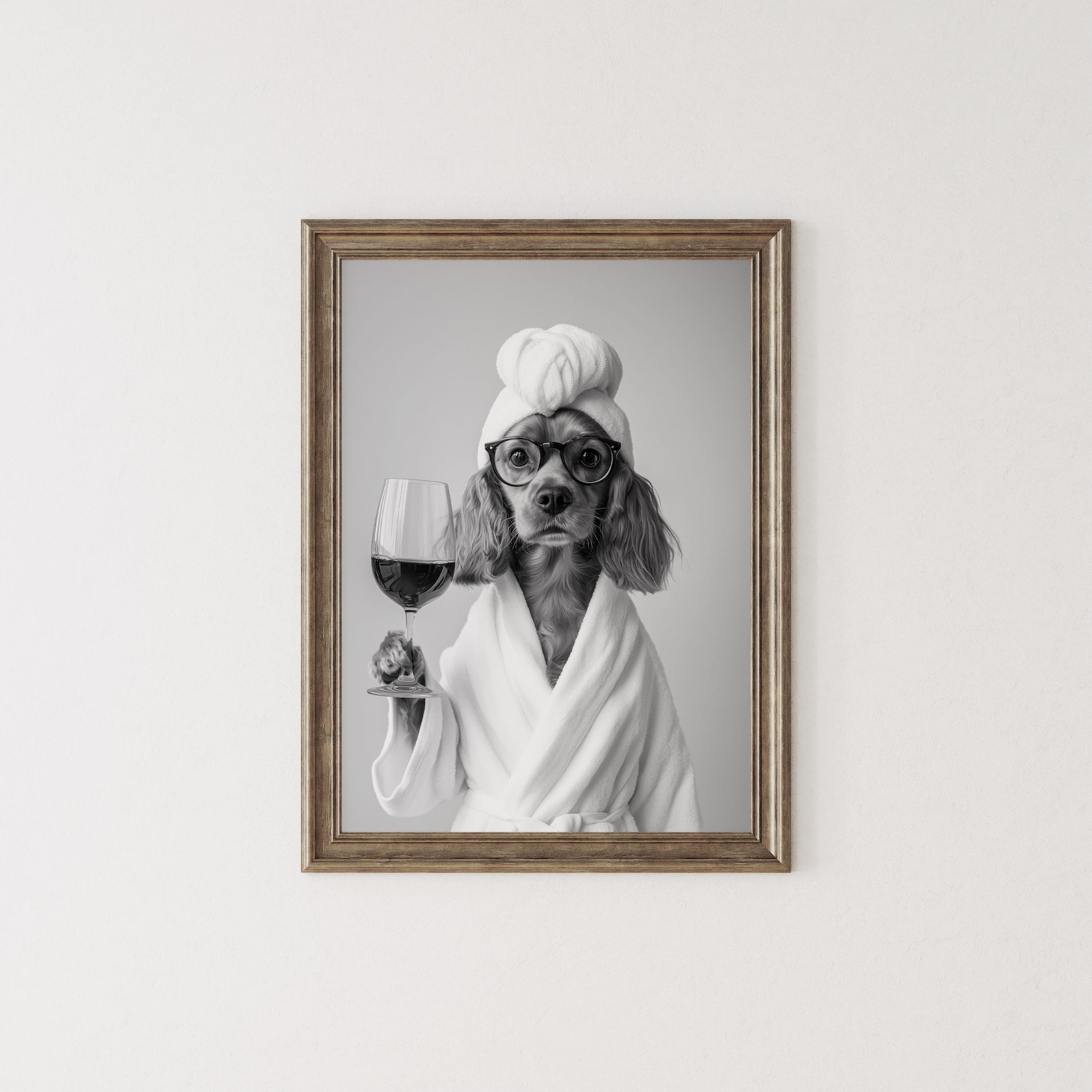 Cocker Spaniel Wine Print: Funny Dog in Bathrobe, Black and White ...