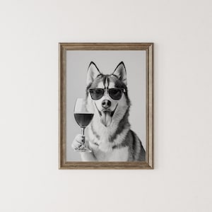 Siberian Husky Holding Wine Wall Art, Black and White Print, Husky Gift ...