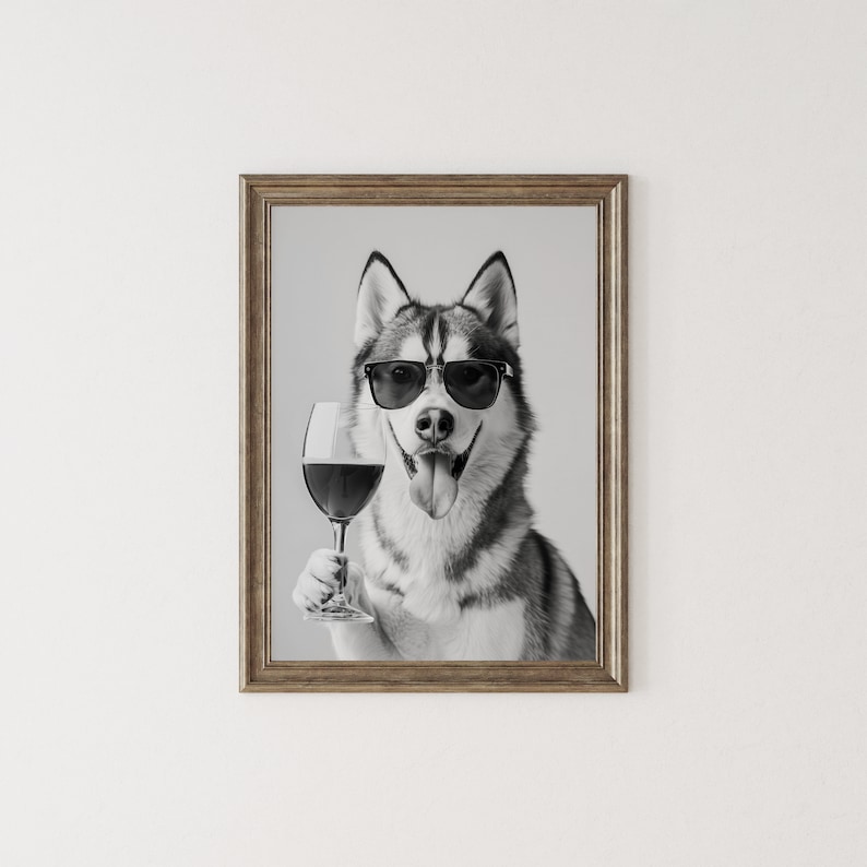 Siberian Husky Holding Wine Wall Art, Black and White Print, Husky Gift ...