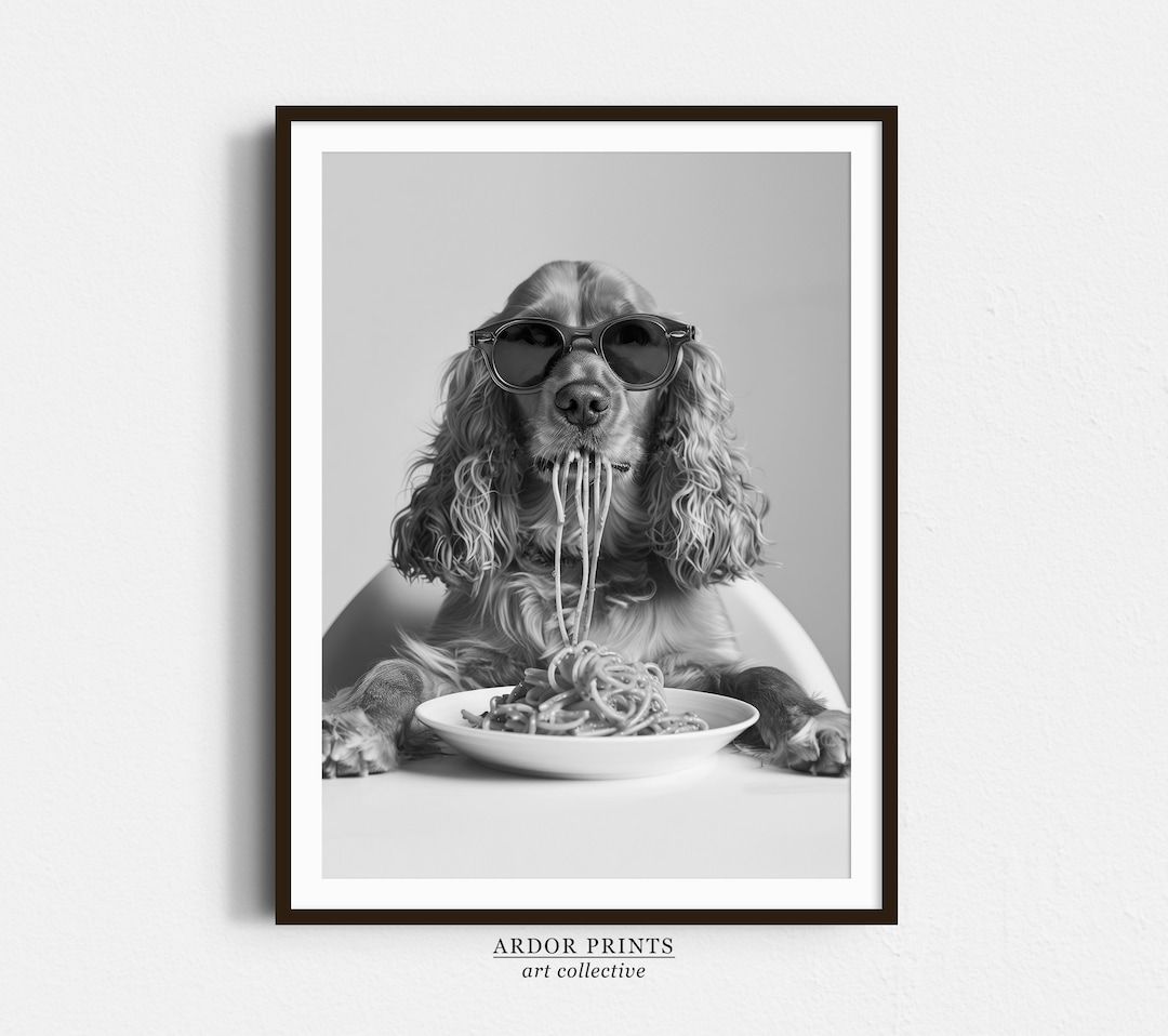 Cocker Spaniel Eating Pasta Wall Art, Spaghetti Print, Black and White ...