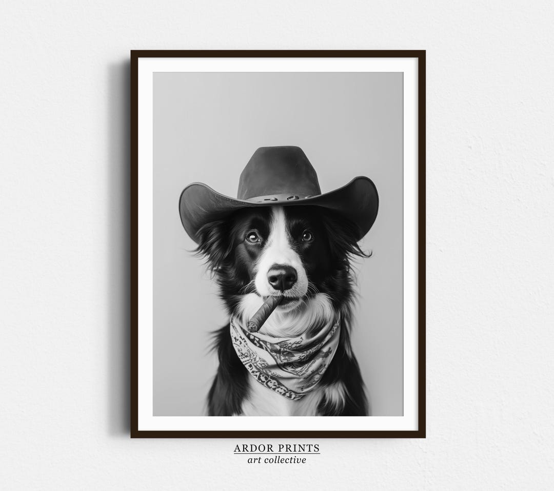 Border Collie Cowboy Wall Art, Western Print, Black and White Print ...