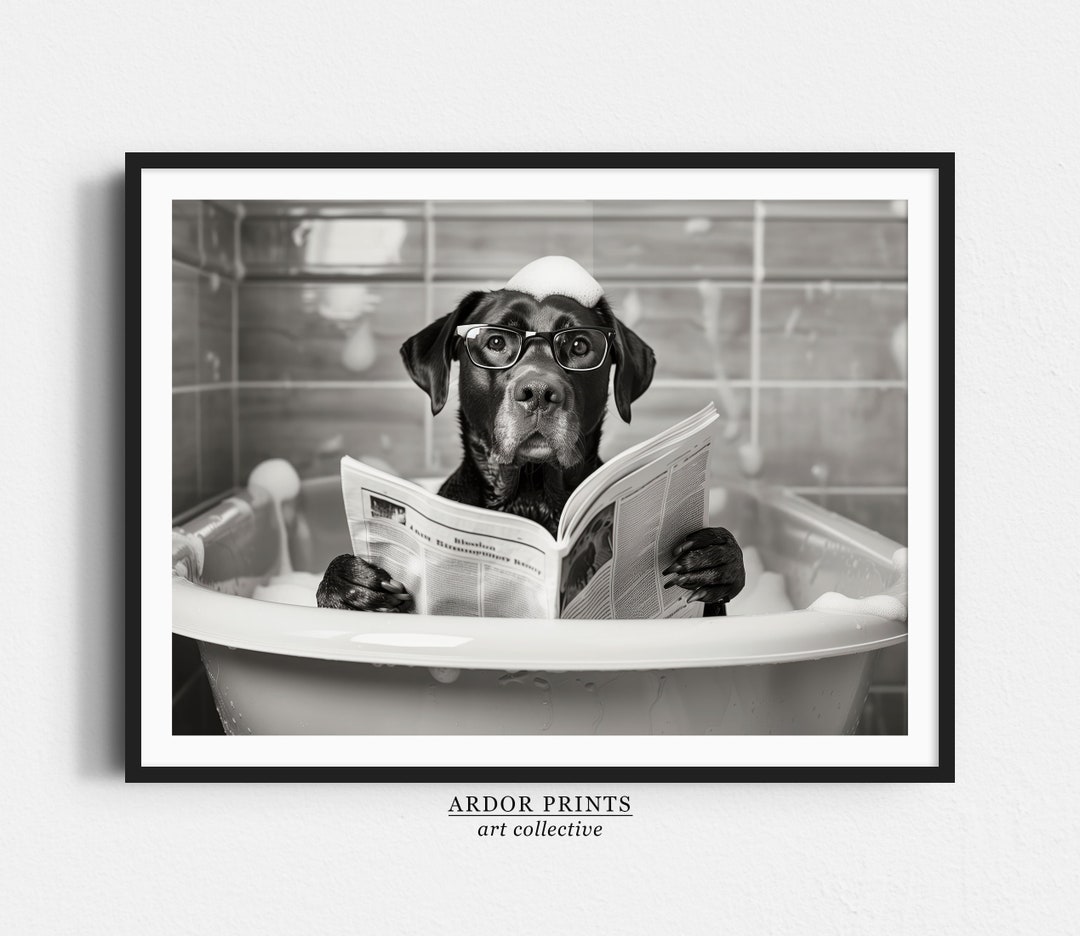 Labrador in Bathtub Wall Art, Dog Reading Newspaper in Bubble Bath ...