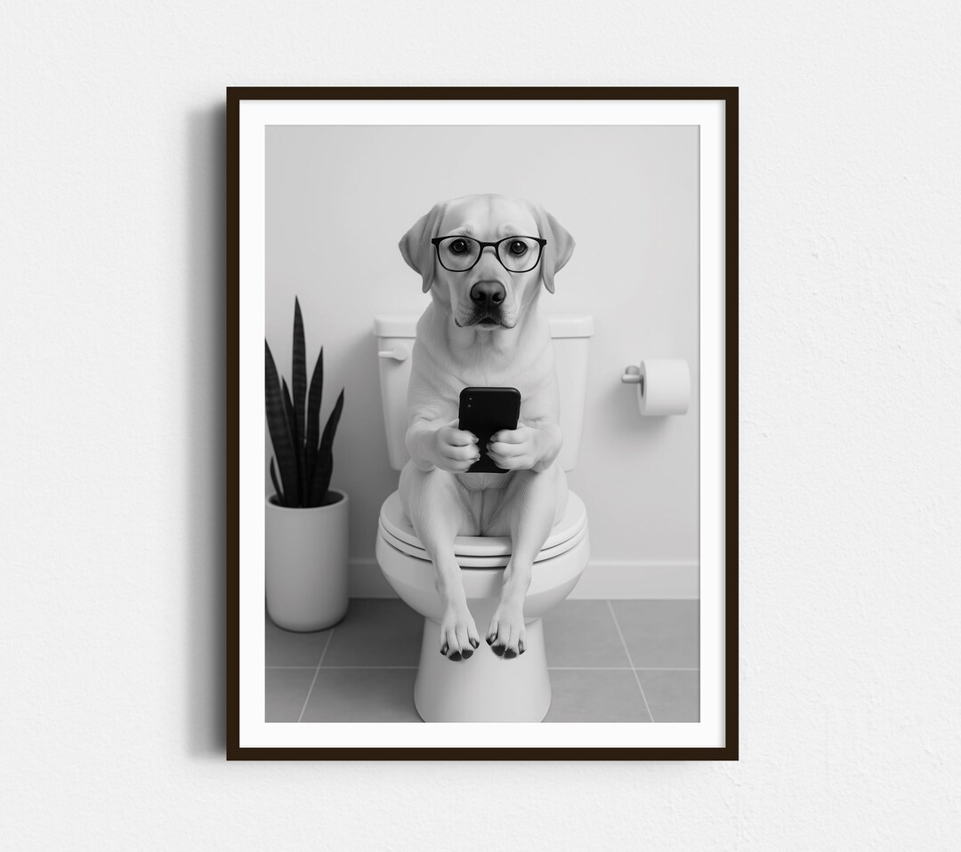 Labrador on Toilet Print: Yellow Lab Poster, Trendy Dog Art, Funny ...