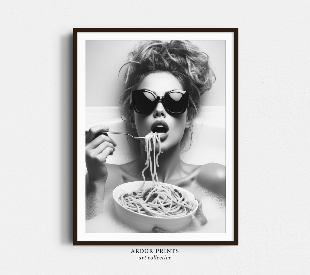 Woman in Bathtub Eating Spaghetti Print: Funny Bathroom Wall Art ...