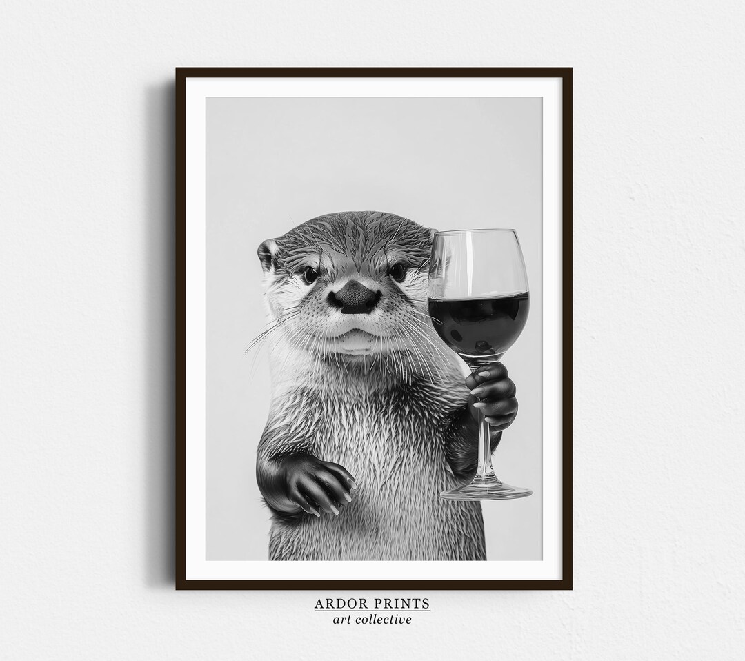 Otter Holding Red Wine Wall Art, Black and White Print, Otter Decor ...
