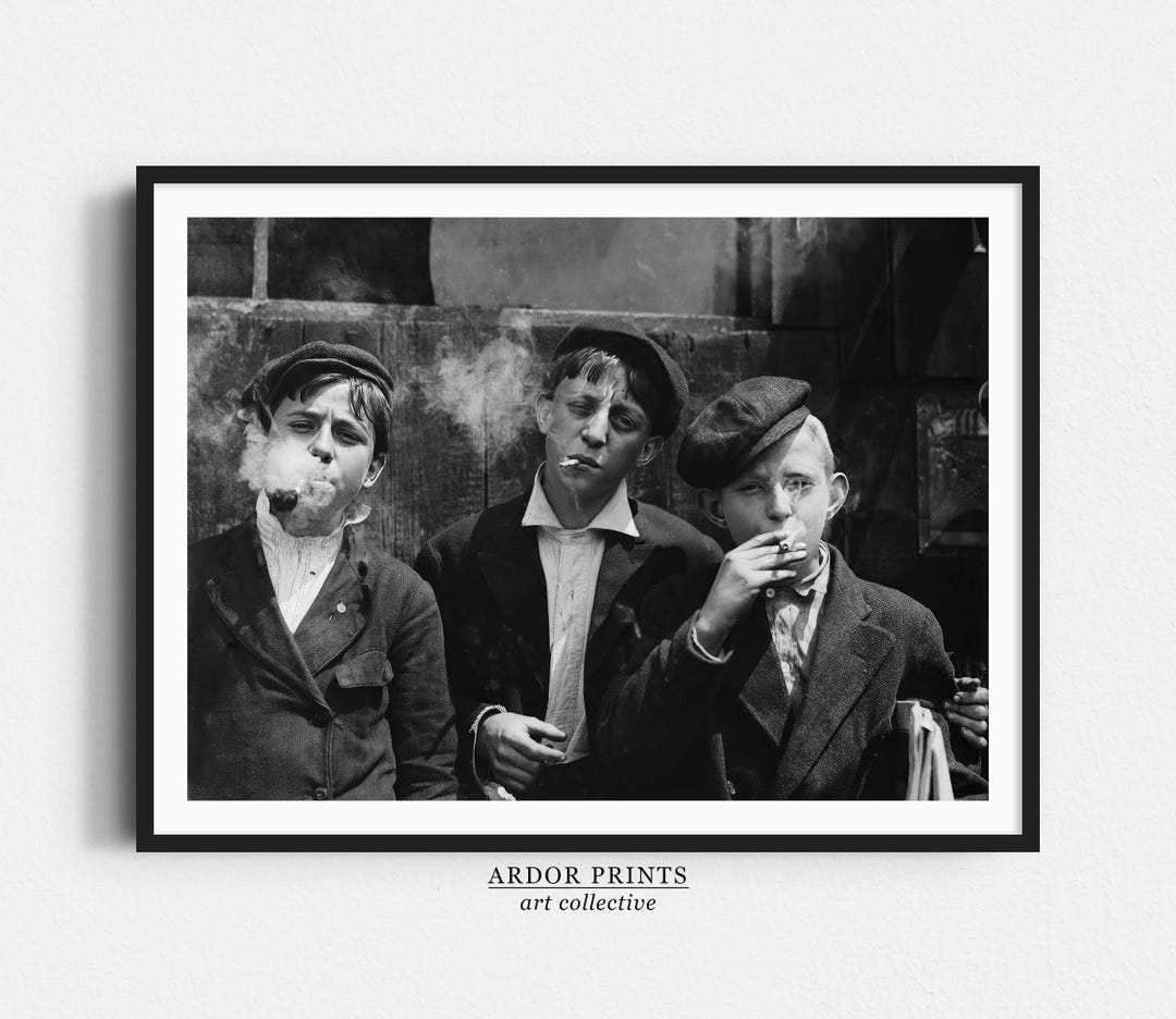 Young Boys Smoking Wall Art, Early 1900s Vintage, Black and White Print ...