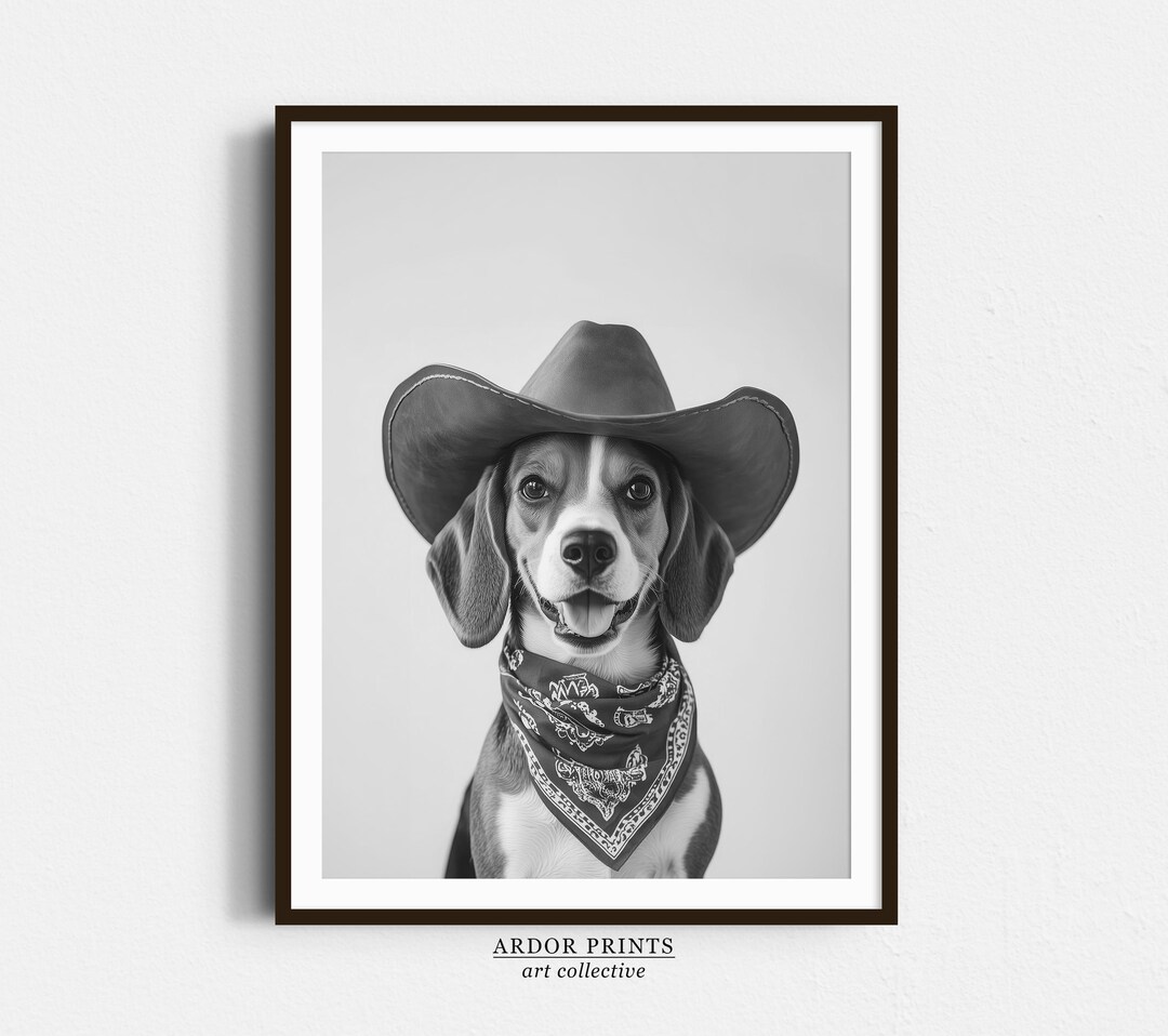 Beagle Cowgirl Hat Print, Western Art, Black and White Wall Art, Dog ...