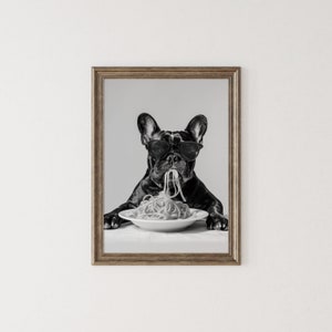Frenchie Eating Pasta Print: Spaghetti Dog Print, Funny Brindle French ...
