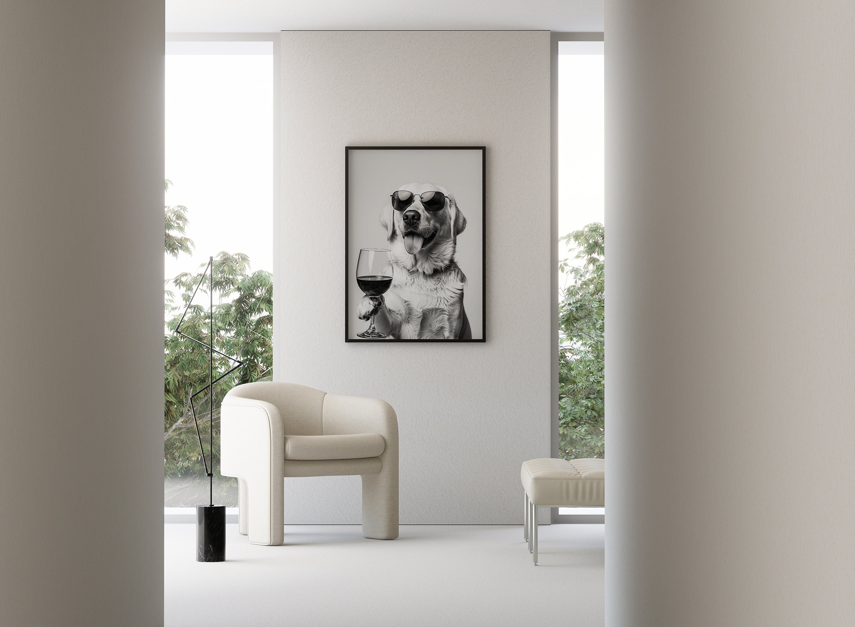 Labrador Holding Red Wine Wall Art, Black and White Print, White Lab ...