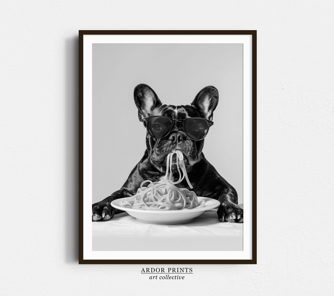 Frenchie Eating Pasta Print: Spaghetti Dog Print, Funny Brindle French ...