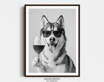 Siberian Husky Drinking Coffee Wall Art, Black and White Print, Coffee ...