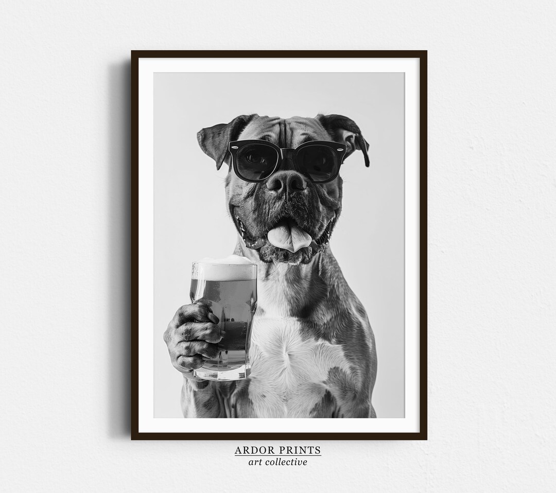 Boxer Holding Beer Wall Art, Black and White Print, Dog Gift, Beer ...