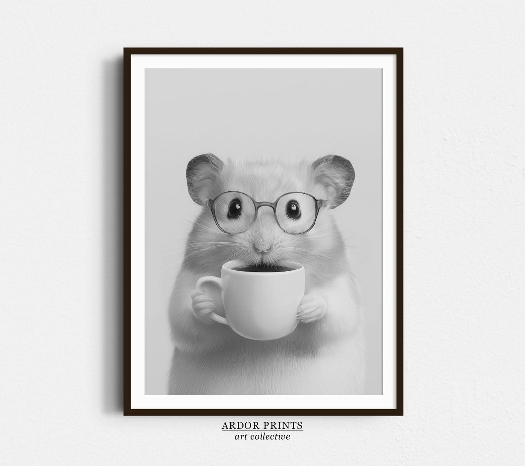 Hamster Drinking Coffee Wall Art, Black and White Print, Hamster Art ...
