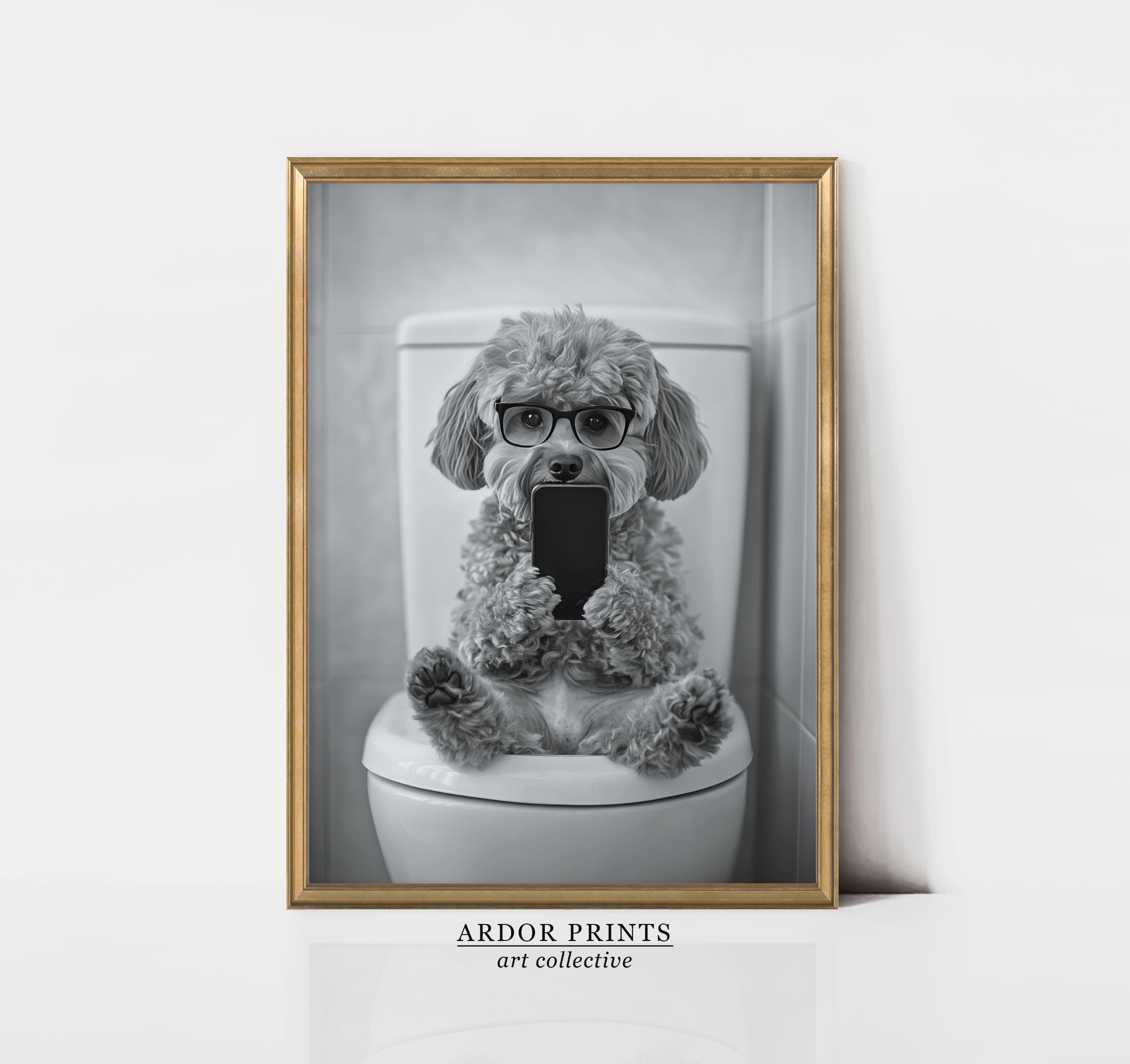 Funny Cockapoo on Toilet Print: Dog With Phone, Bathroom Decor - Black ...