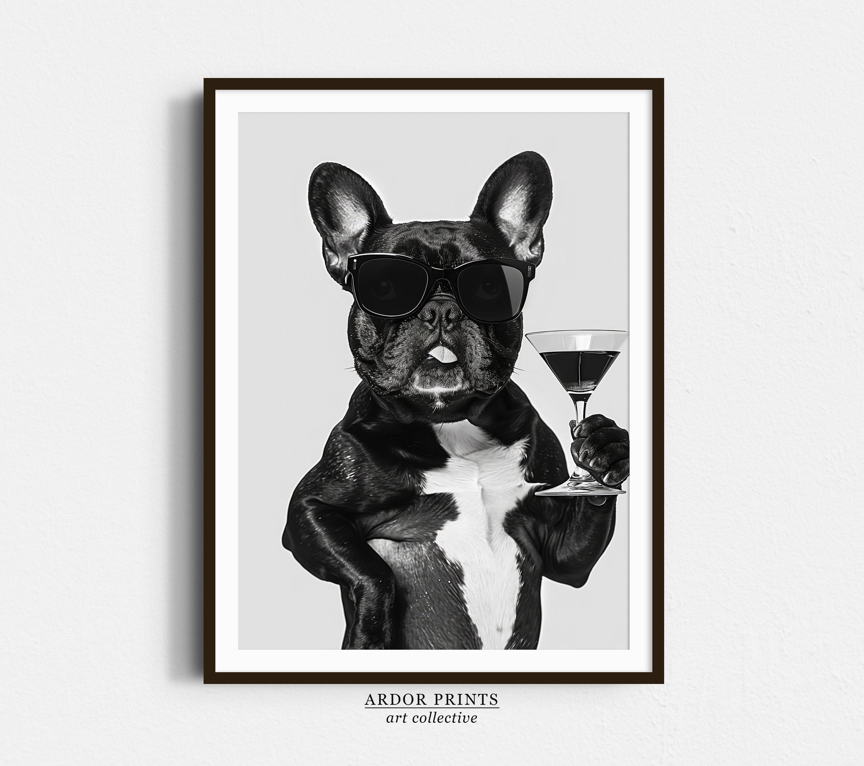 French Bulldog Holding A Cocktail Wall Art, Black and White Print ...