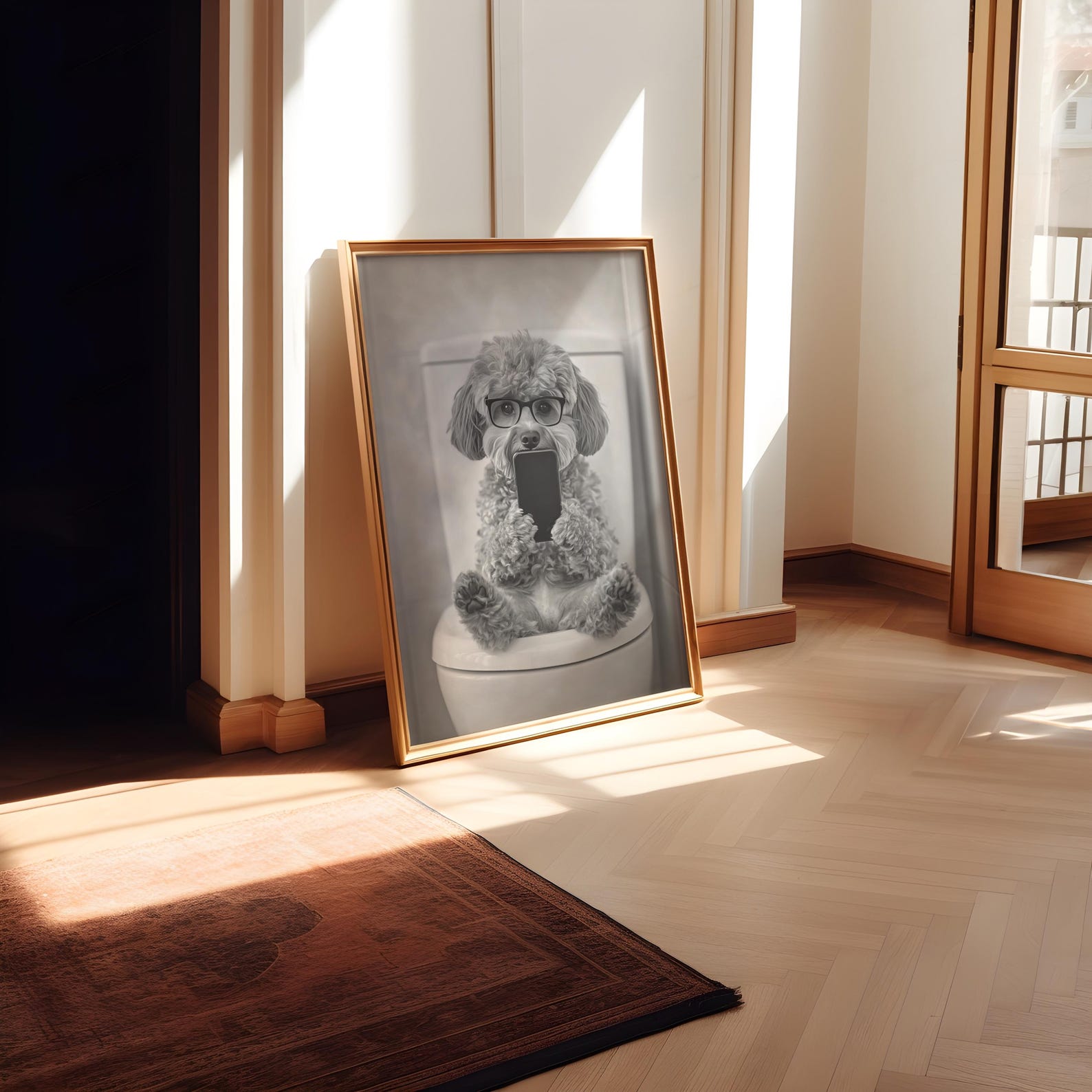 Funny Cockapoo on Toilet Print: Dog With Phone, Bathroom Decor - Black ...